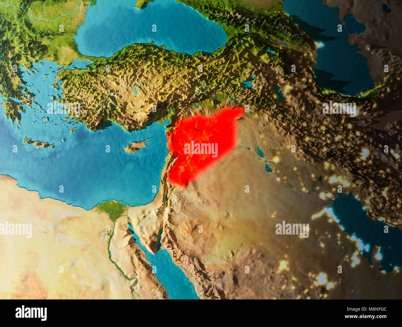 Syria in early morning light highlighted in red on planet Earth. 3D ...