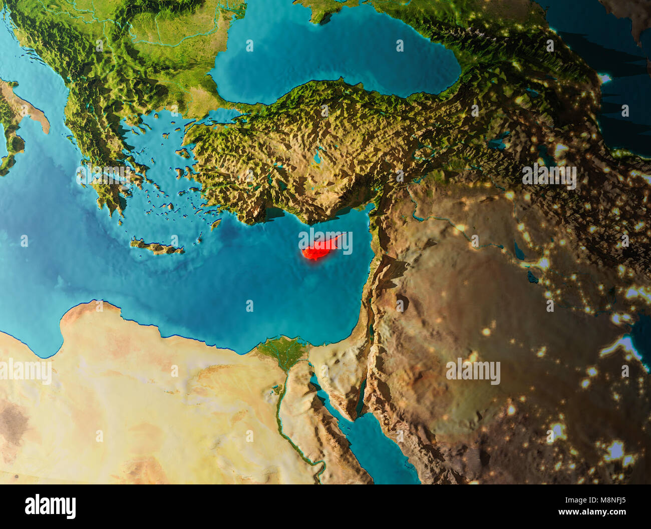Cyprus in early morning light highlighted in red on planet Earth. 3D ...