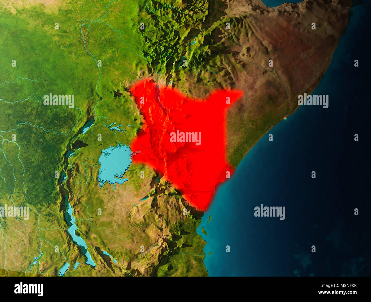 Kenya in early morning light highlighted in red on planet Earth. 3D ...