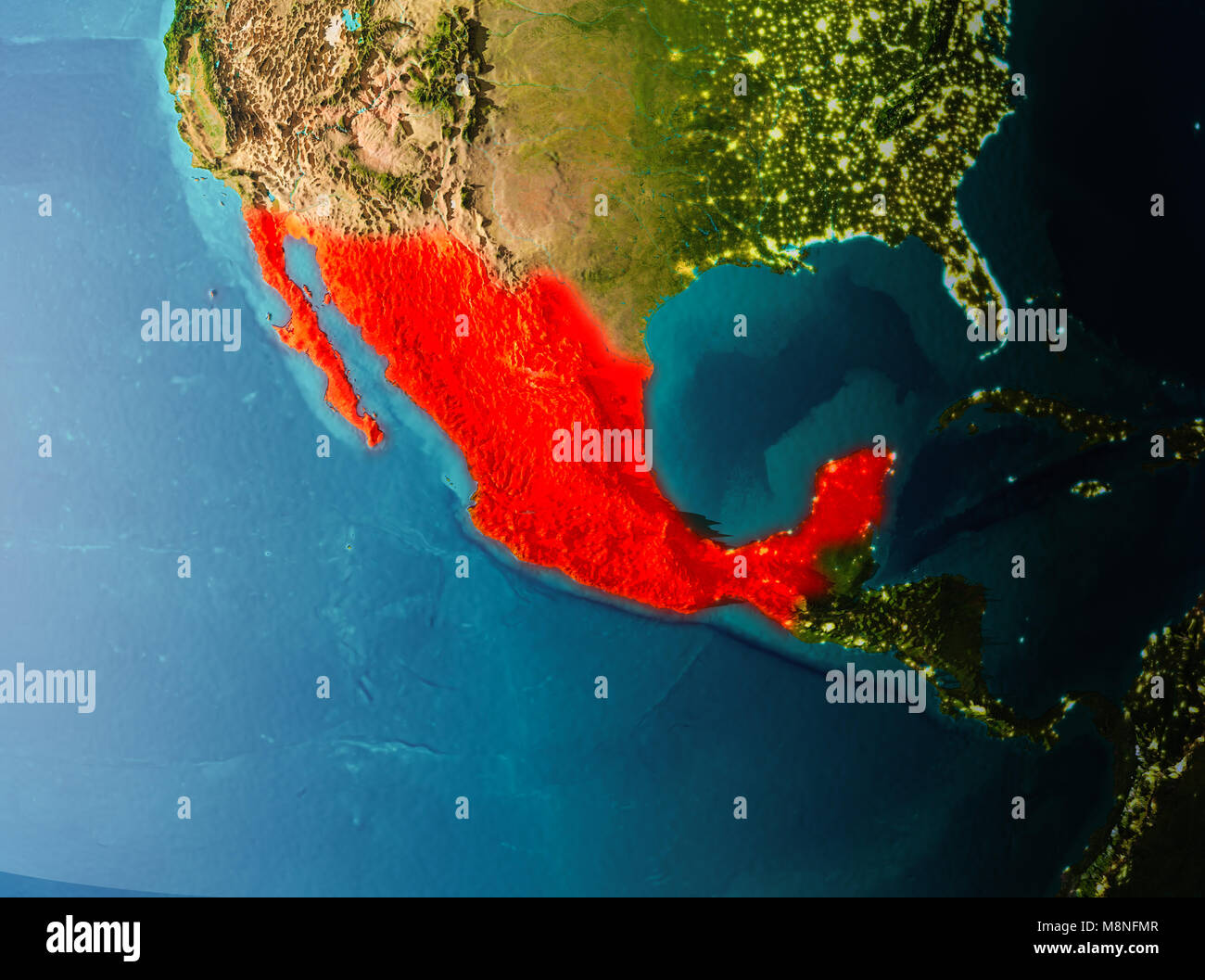 Mexico in early morning light highlighted in red on planet Earth. 3D ...