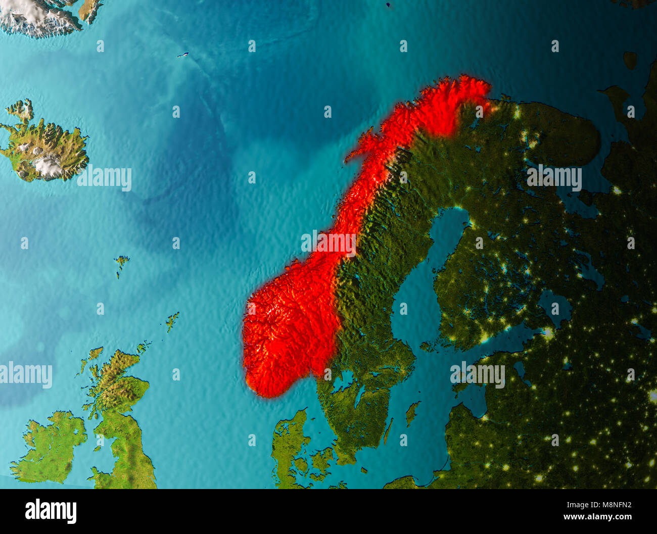 Norway in early morning light highlighted in red on planet Earth. 3D illustration. Elements of ...