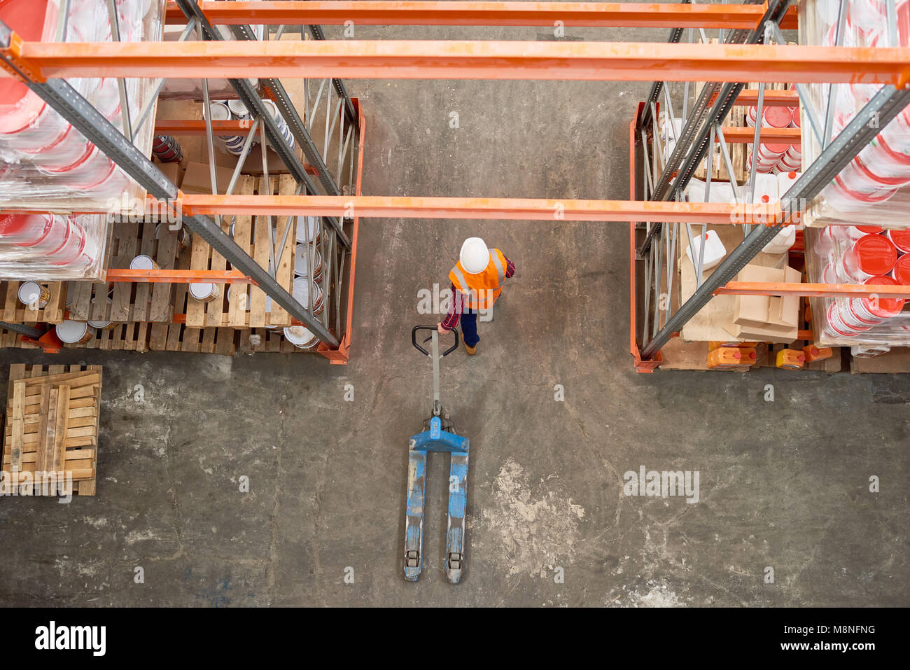 Top view background image of tall shelf rows in modern warehouse with ...