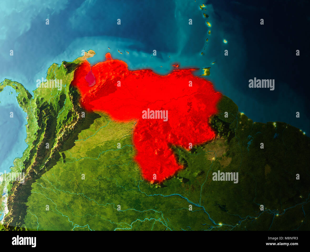 Venezuela in early morning light highlighted in red on planet Earth. 3D ...