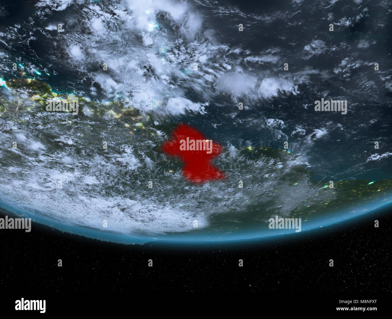Guyana at night highlighted in red on planet Earth with clouds. 3D ...