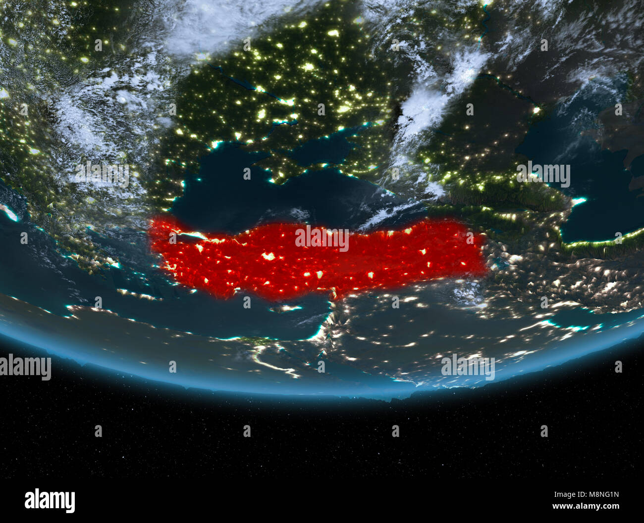 Turkey at night highlighted in red on planet Earth with clouds. 3D ...