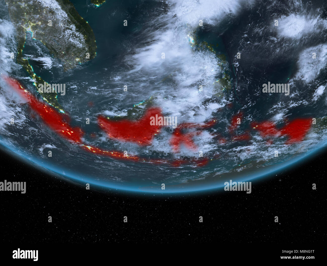 Indonesia at night highlighted in red on planet Earth with clouds. 3D ...