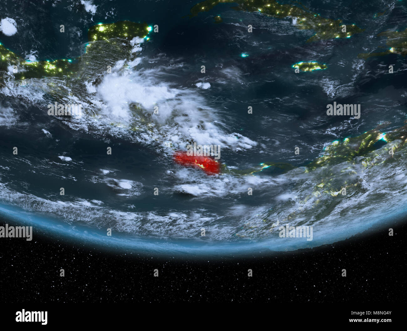 Costa Rica at night highlighted in red on planet Earth with clouds. 3D ...