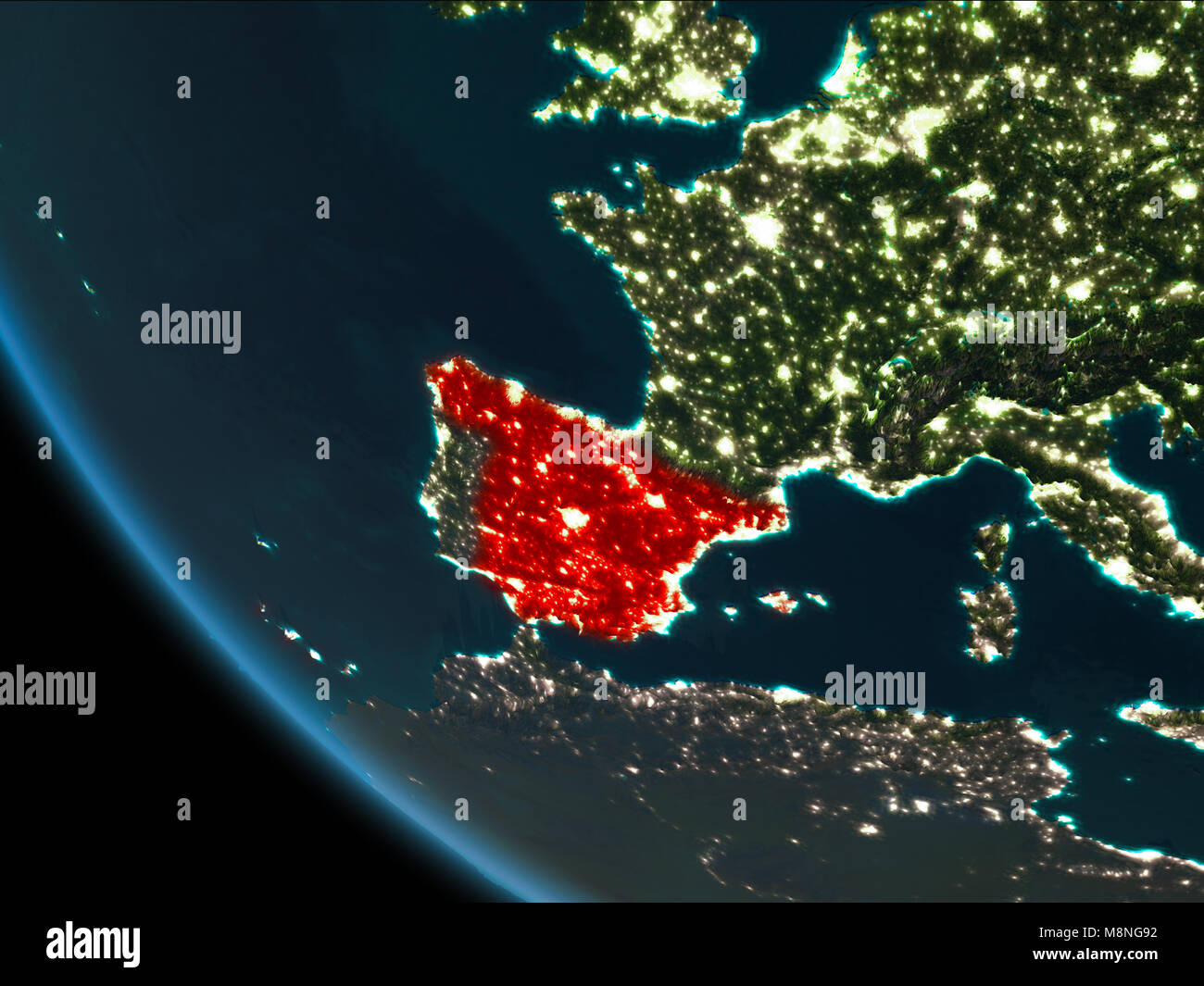 Spain from orbit of planet Earth at night with highly detailed surface ...