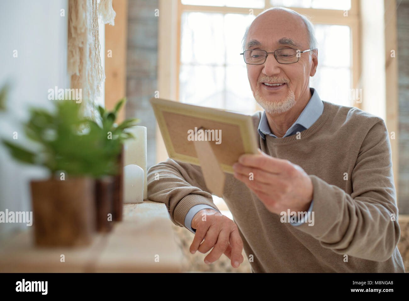 Glad senior man admiring photo Stock Photo - Alamy