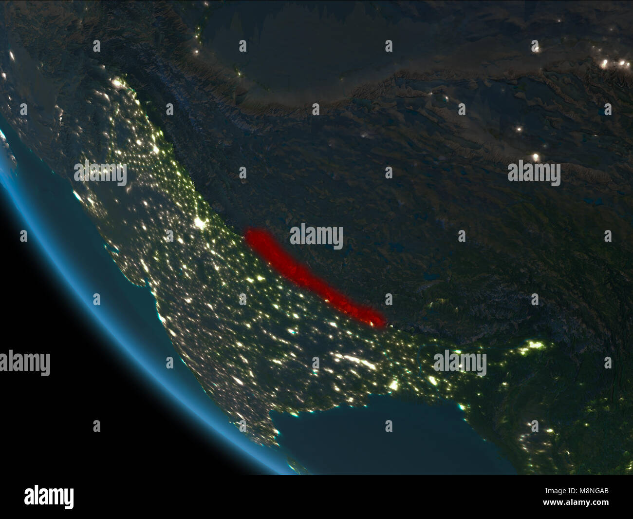 Nepal from orbit of planet Earth at night with highly detailed surface ...