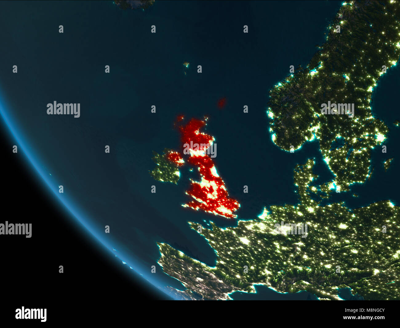 United Kingdom from orbit of planet Earth at night with highly detailed ...