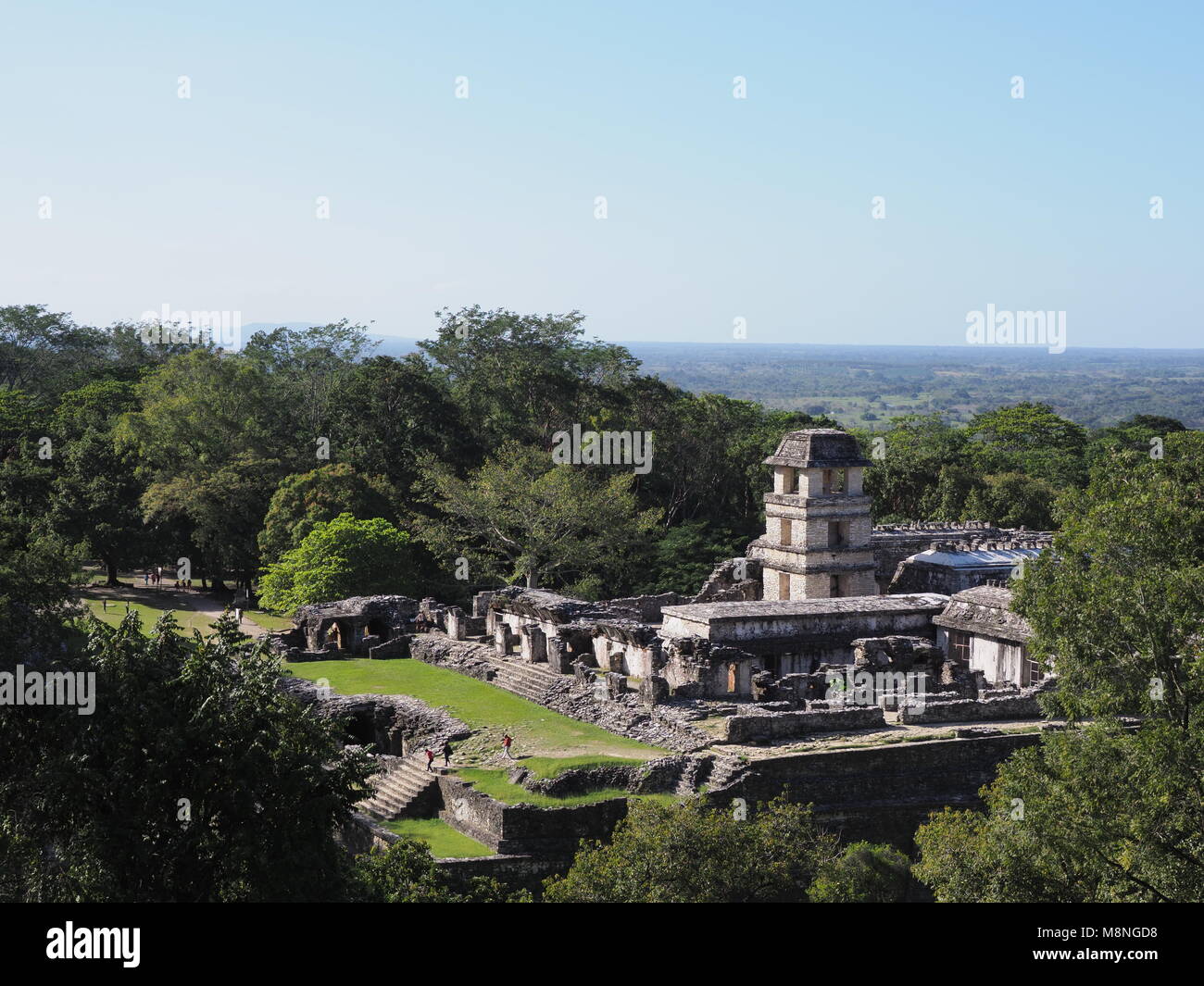 A view of the palace at ancient Mayan city of Palenque in Mexico at ...