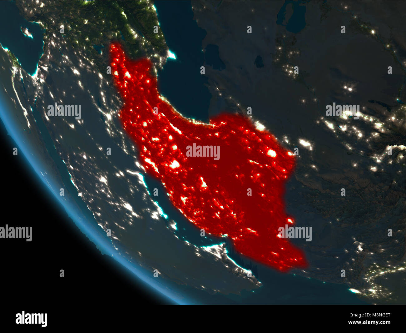 Iran from orbit of planet Earth at night with highly detailed surface ...