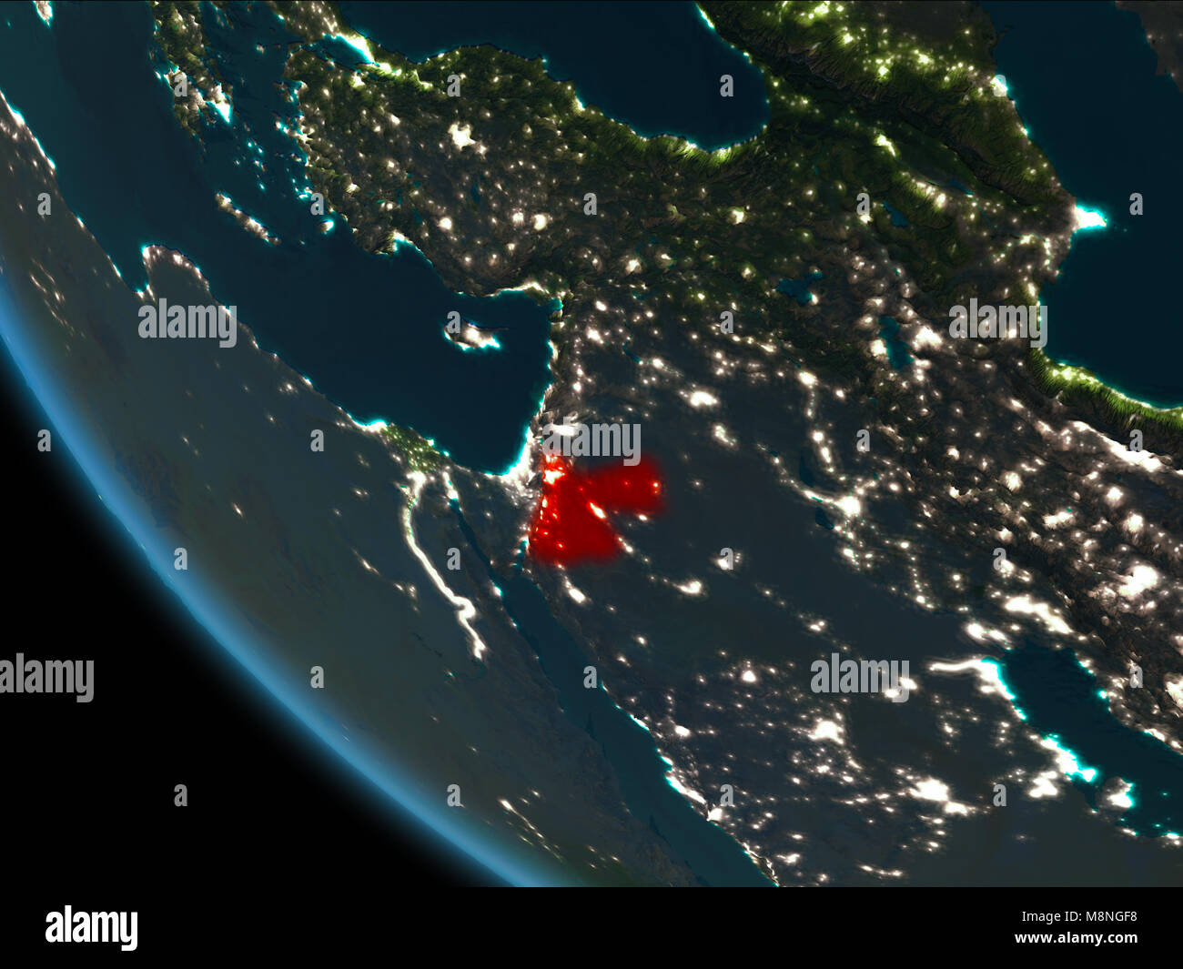 Jordan from orbit of planet Earth at night with highly detailed surface ...