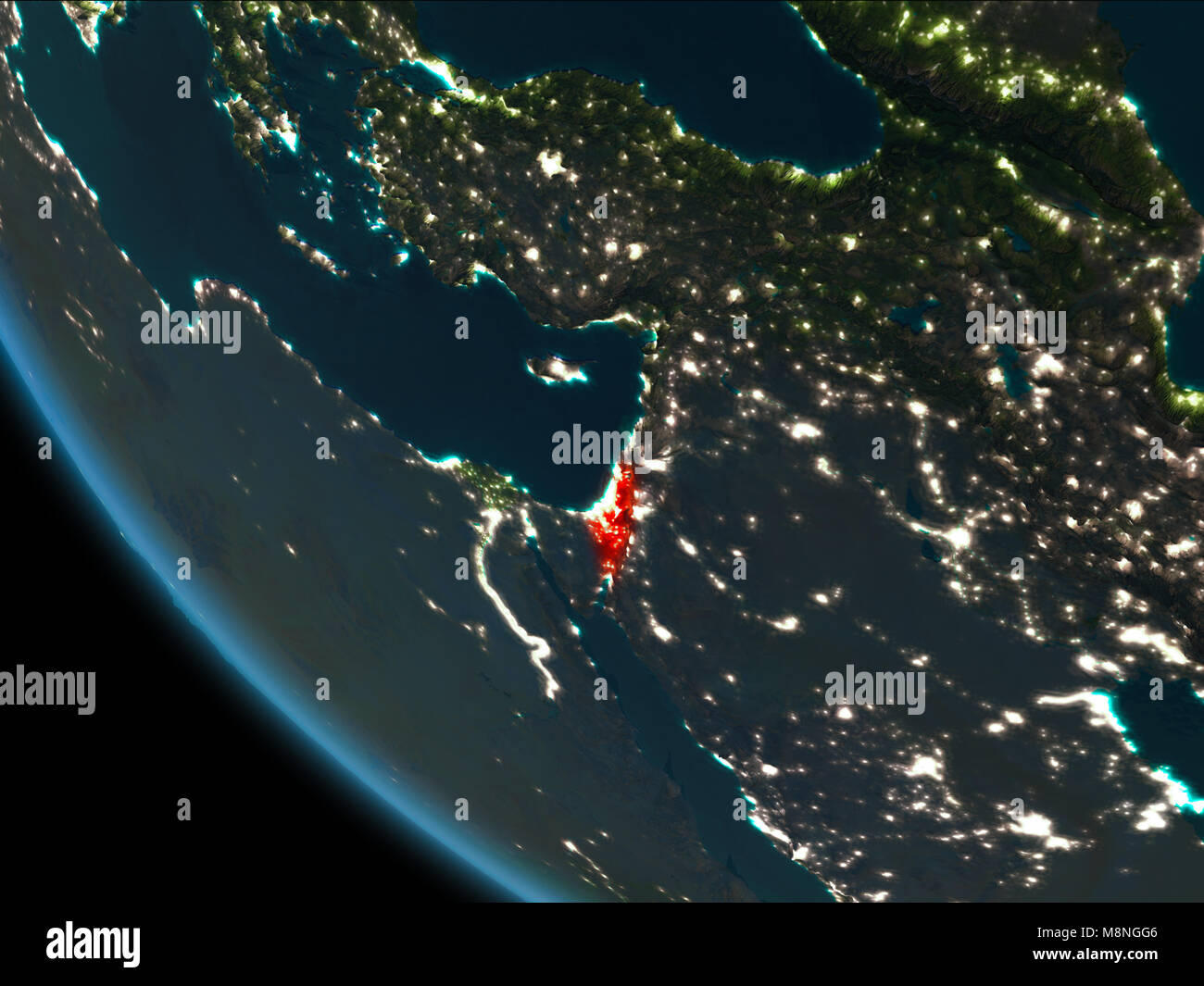 Israel from orbit of planet Earth at night with highly detailed surface ...