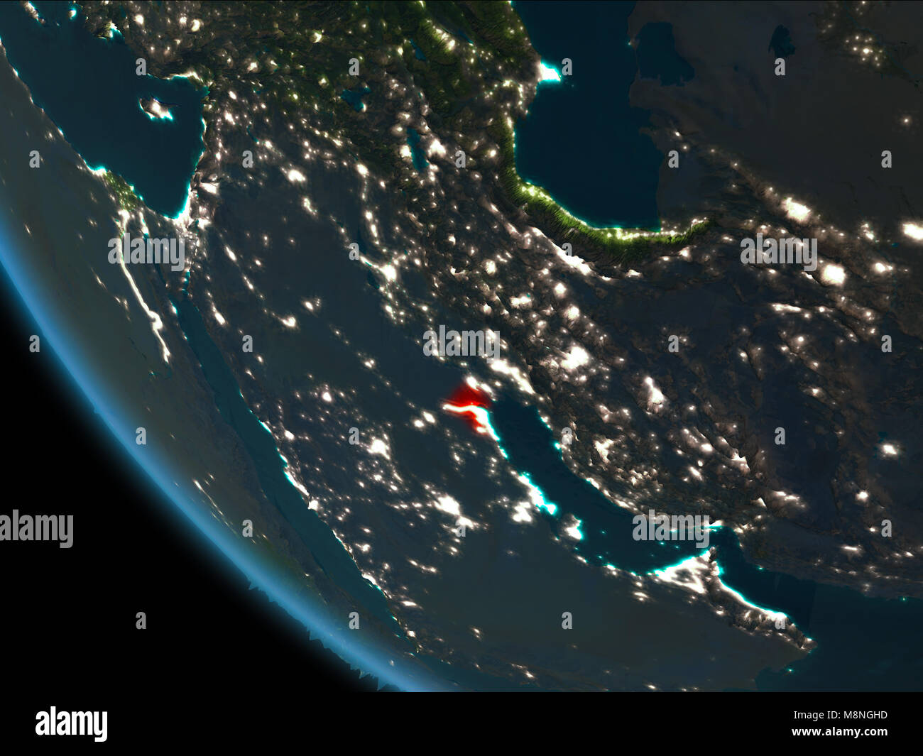 Kuwait from orbit of planet Earth at night with highly detailed surface ...