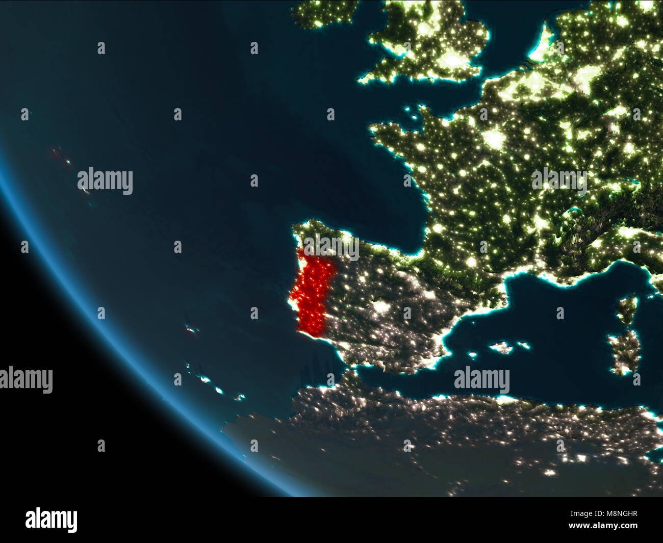 Portugal from orbit of planet Earth at night with highly detailed ...