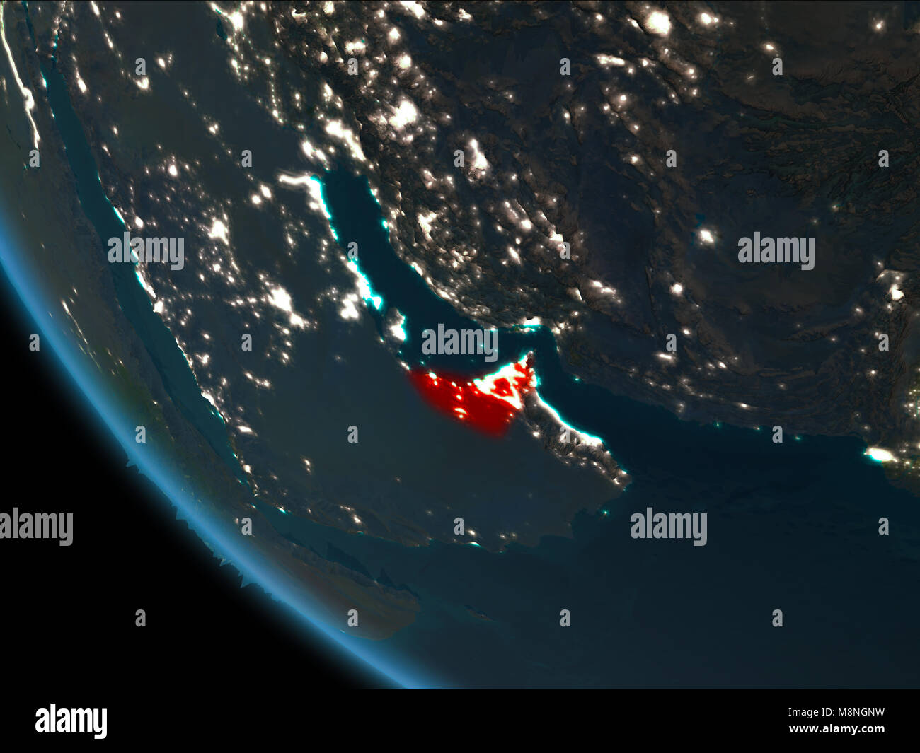 United Arab Emirates from orbit of planet Earth at night with highly ...