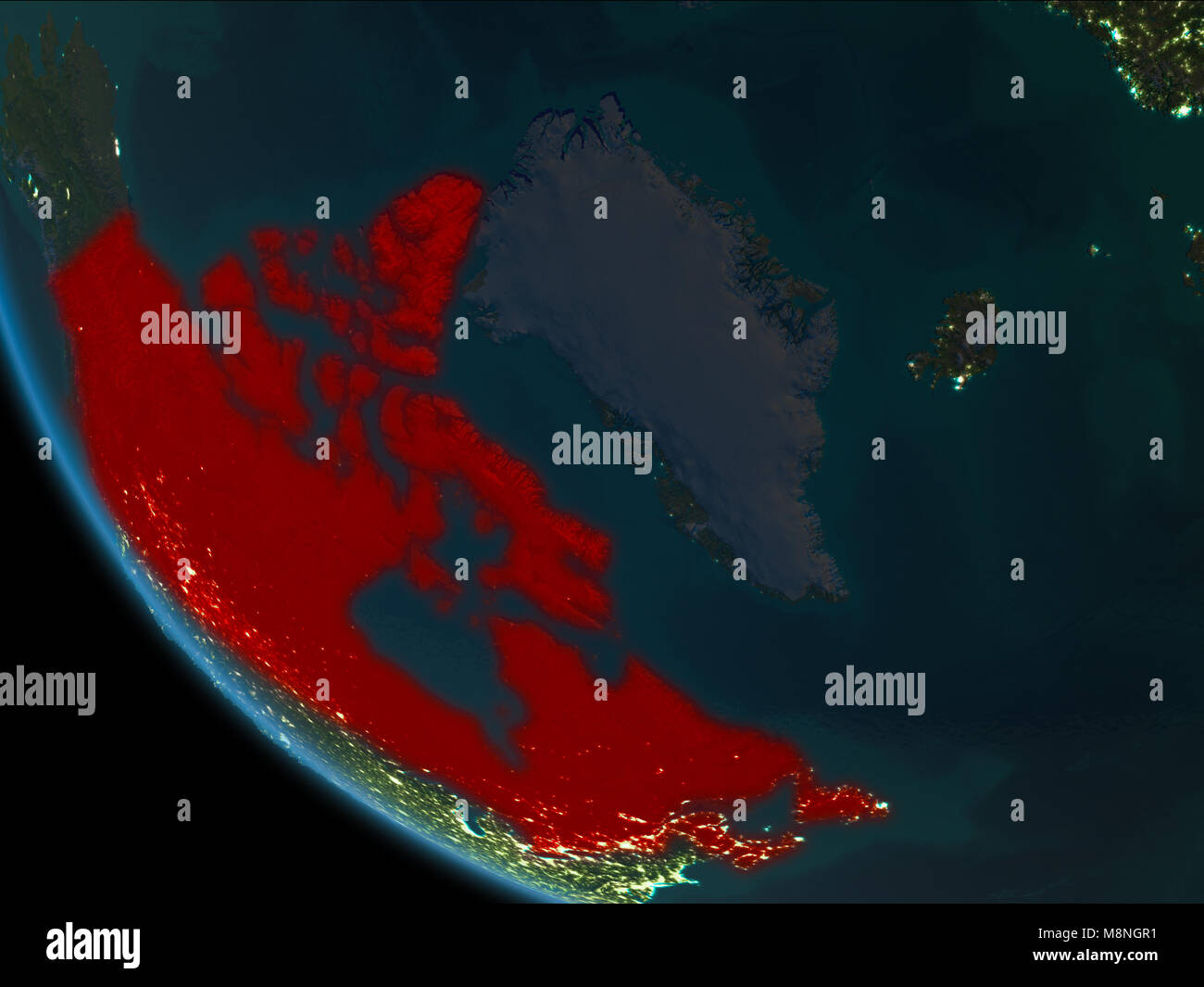Canada from orbit of planet Earth at night with highly detailed surface ...