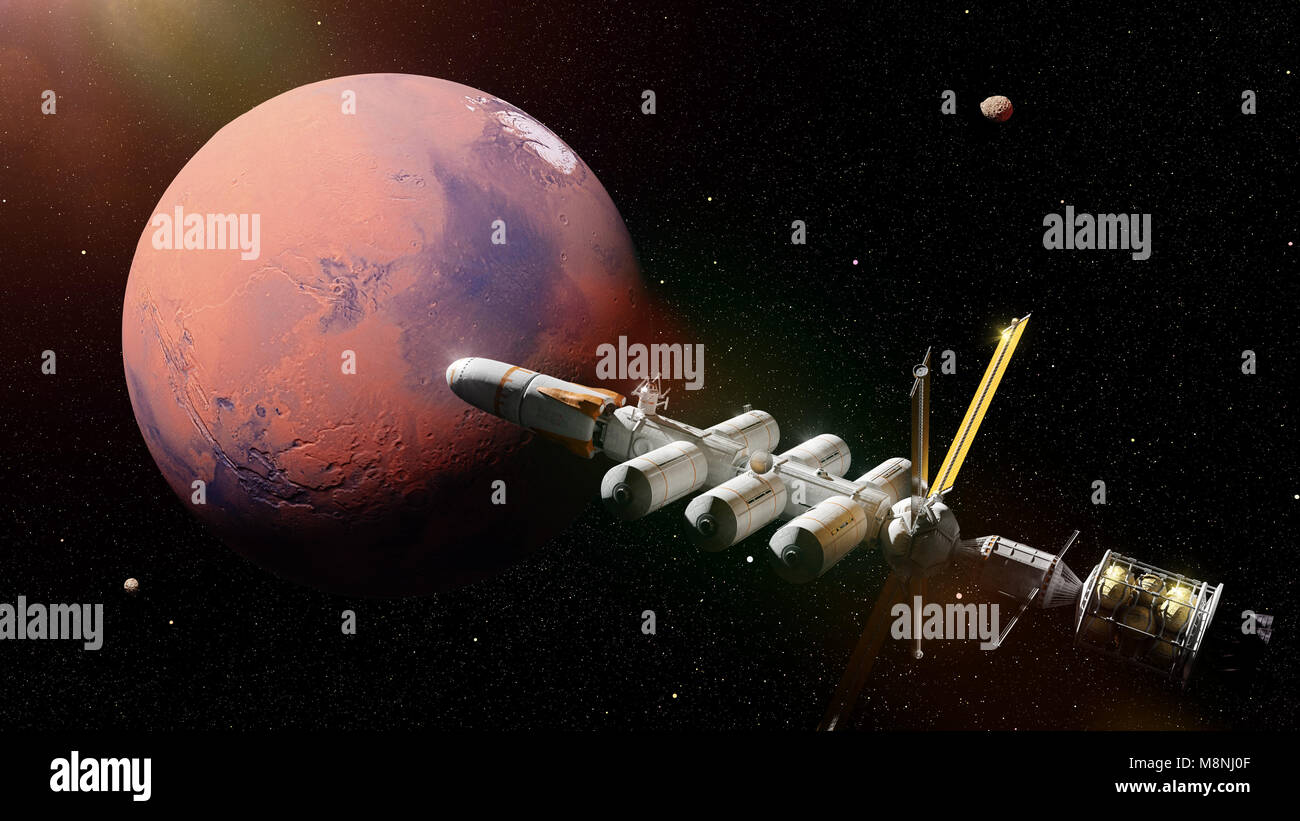 futuristic space ship in orbit of the planet Mars, mission to the red ...