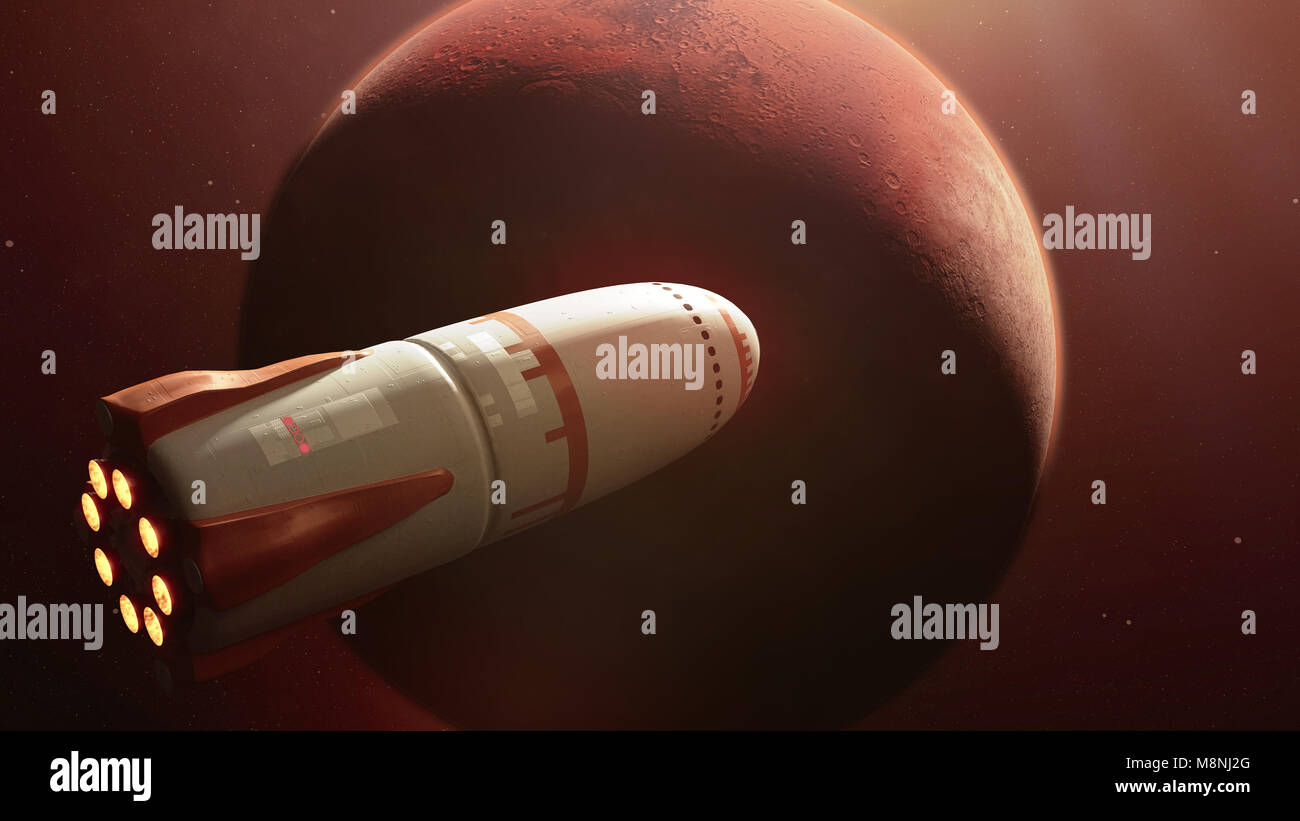 futuristic rocket in orbit of planet Mars, space ship mission to the ...