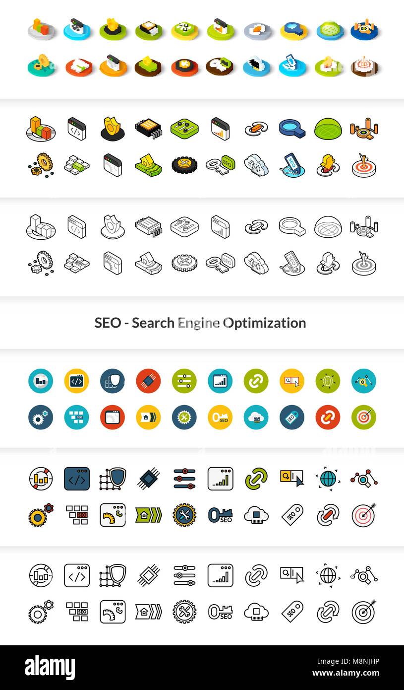 Set of icons in different style - isometric flat and otline, colored ...