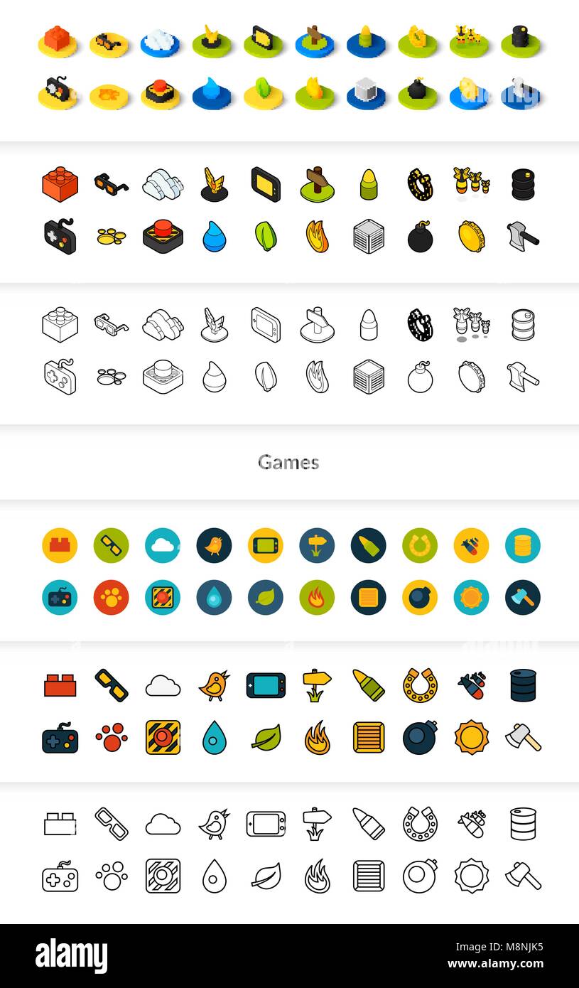 Set of icons in different style - isometric flat and otline, colored ...