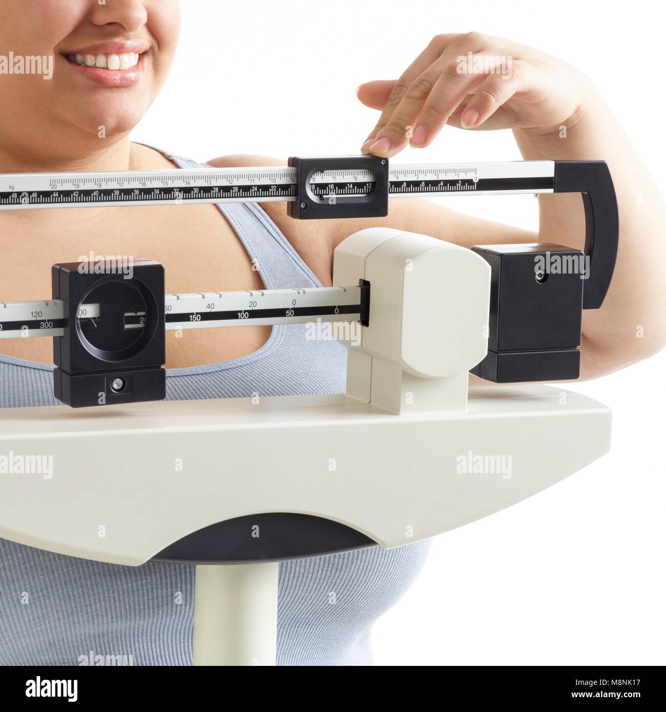 Overweight woman using weighing scales, smiling Stock Photo - Alamy
