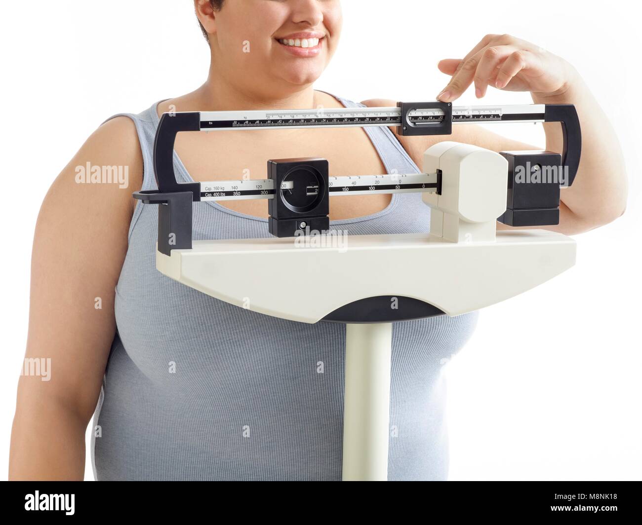 Overweight woman using weighing scales, smiling Stock Photo - Alamy