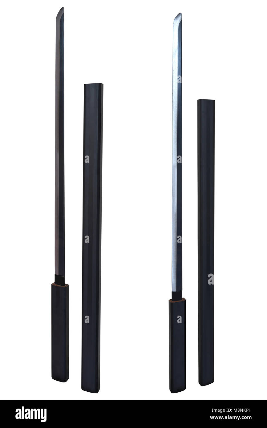 Two angles pictures of a Black blade katana isolated on white with ...