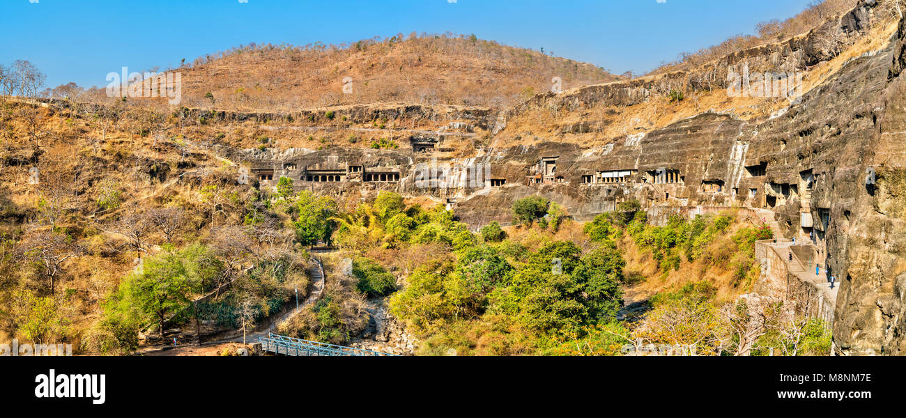 Panorama of the Ajanta Caves. UNESCO world heritage site in Maharashtra ...