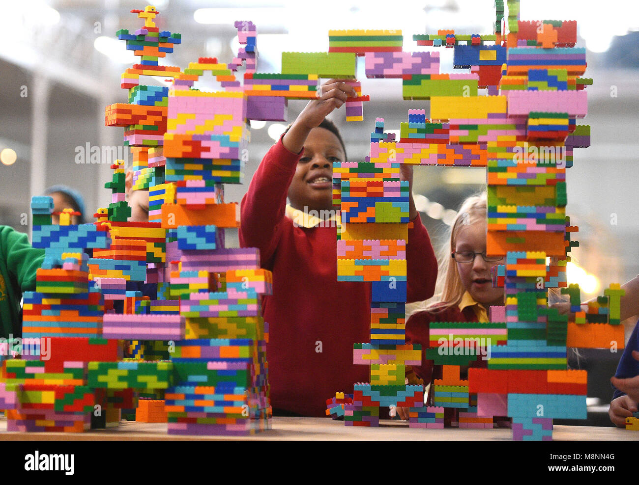 Pupils from the Globe Primary School build a Lego sculpture at the V&A ...
