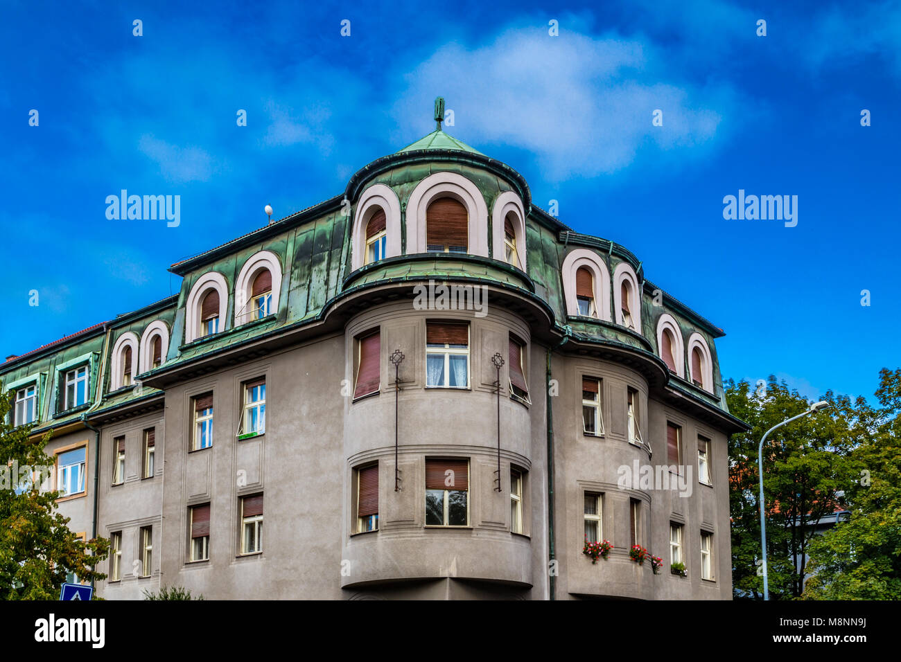building of Prague on blue sky background Stock Photo - Alamy