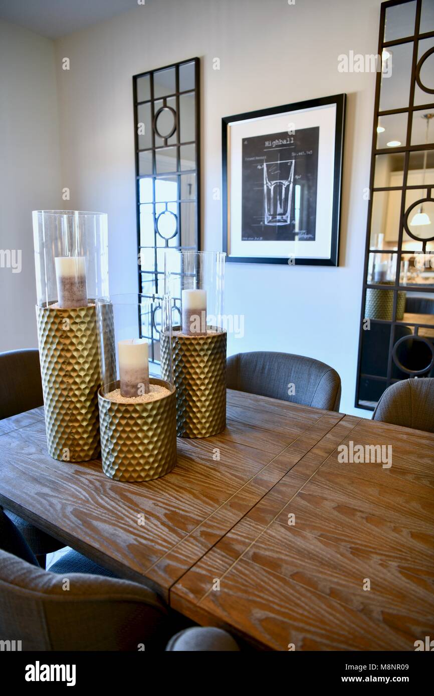Dining room view with wood table inside modern home Stock Photo - Alamy