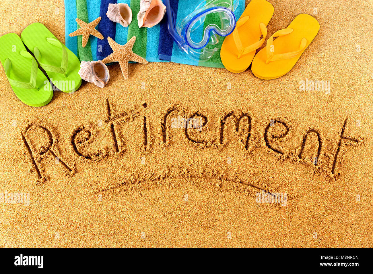 Beach background with towel and flip flops and the word Retirement ...