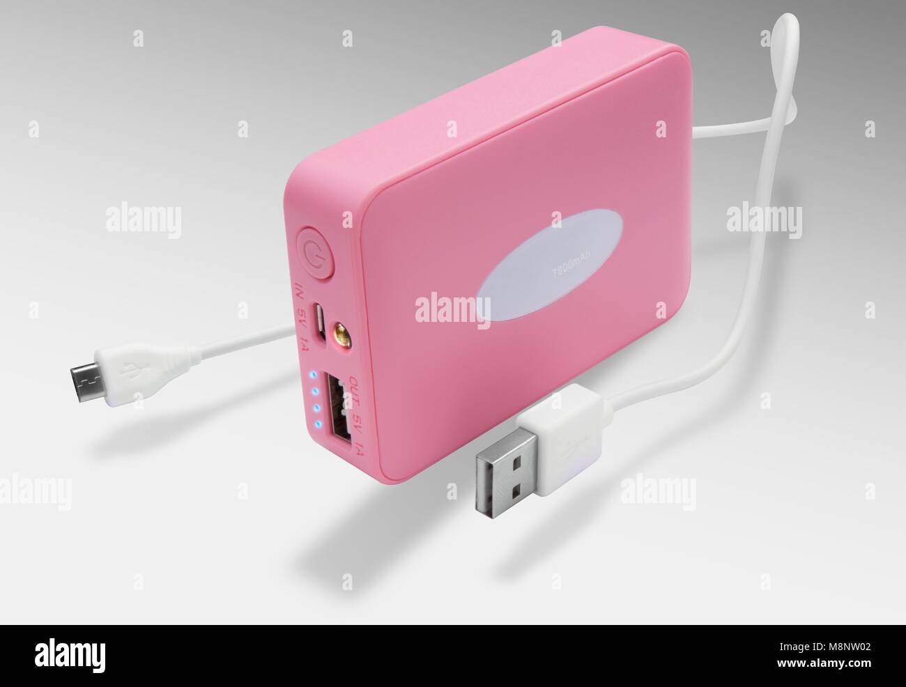Pink Futuristic Power bank at white background with usb cable Stock ...