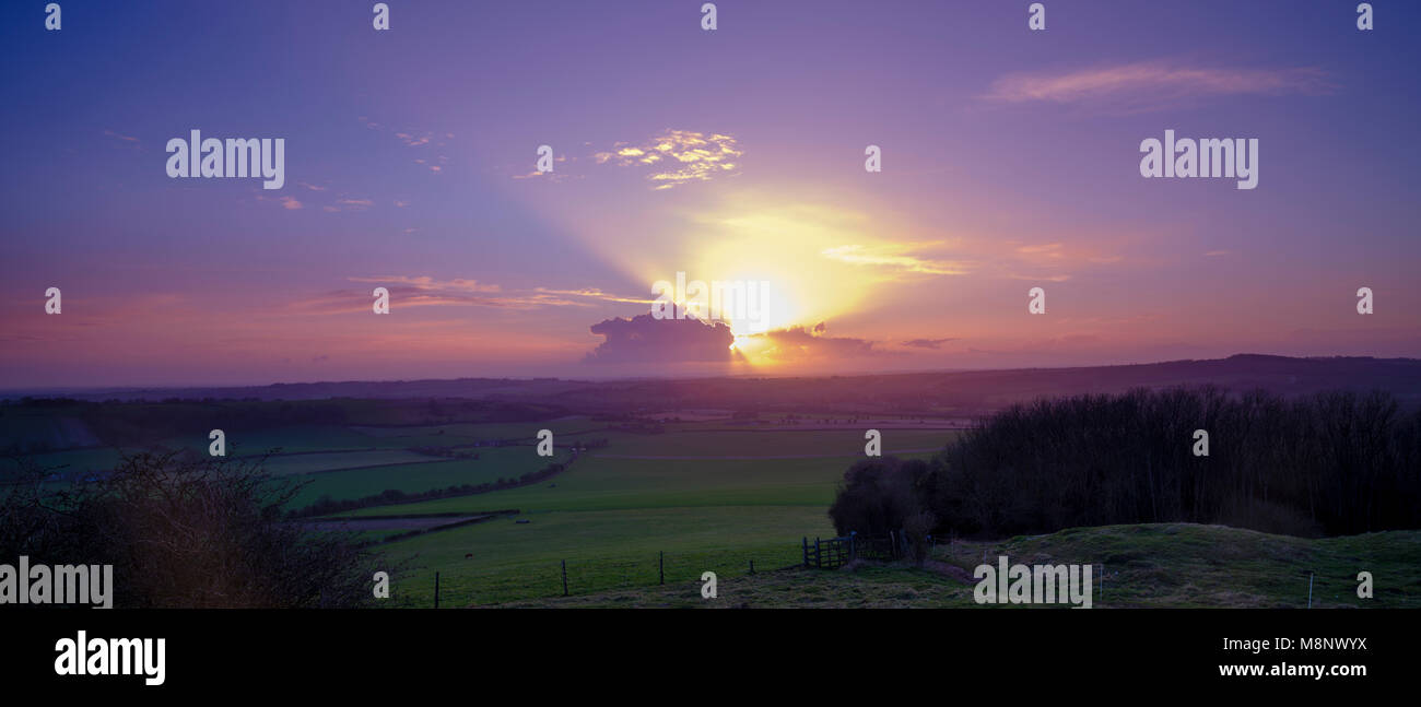 Spring sunset over South Downs from Old Winchester Hill - an Iron Age ...