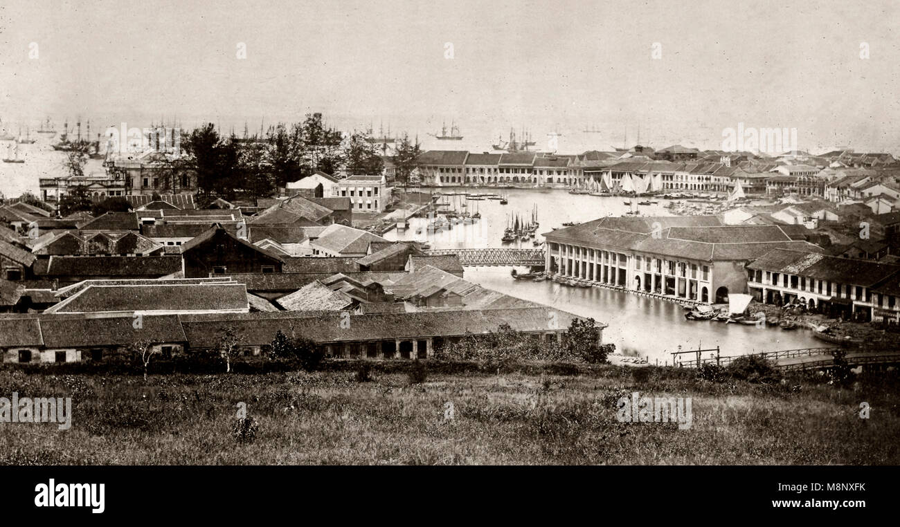 c.1870 Singapore - early view of the town from the southern battery of ...