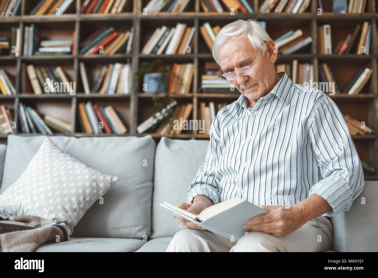Senior man at home retirement concept sitting reading book Stock Photo ...