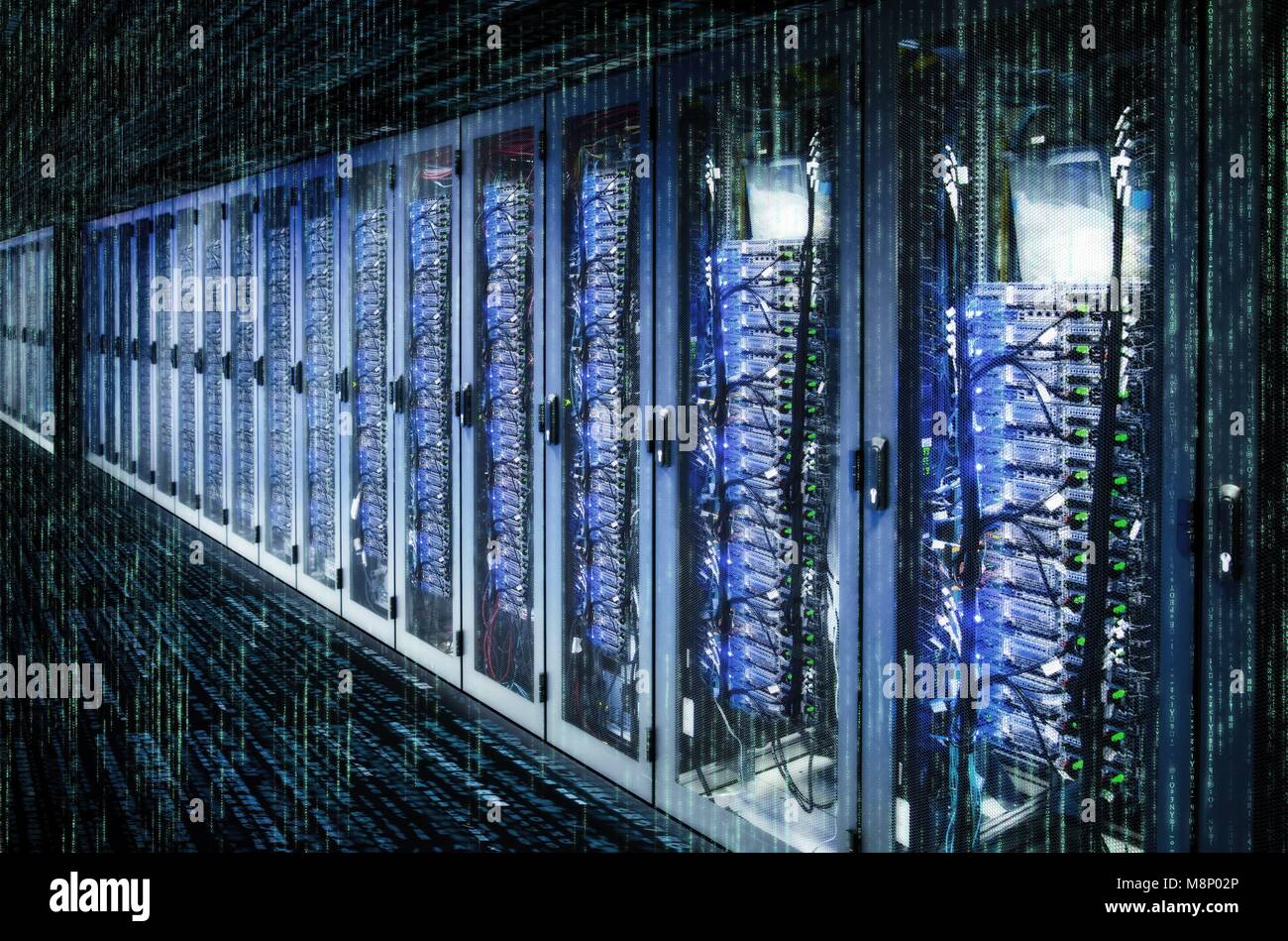 Network cabinets with server racks in a data center with matrix ...