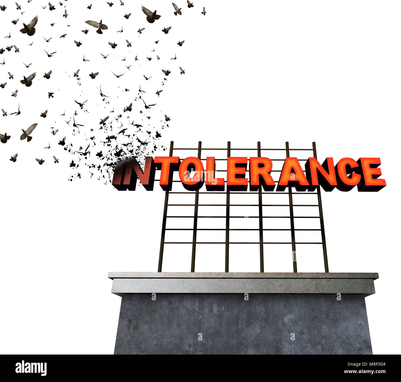 Intolerance and bigotry idea as a sign transforming to flying birds as ...