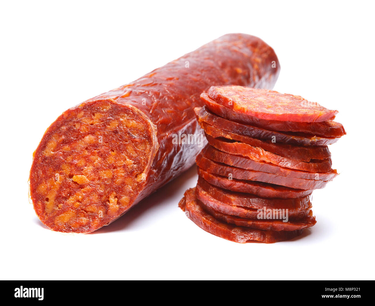 Spanish chorizo sausage on white background Stock Photo - Alamy