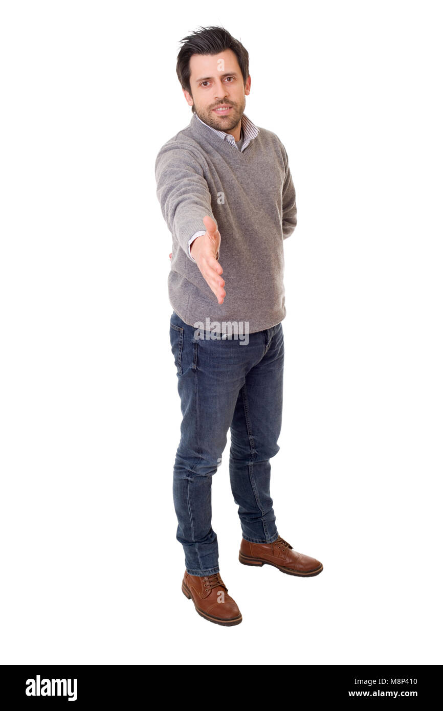 handshake of a happy casual man full body in a white background Stock ...