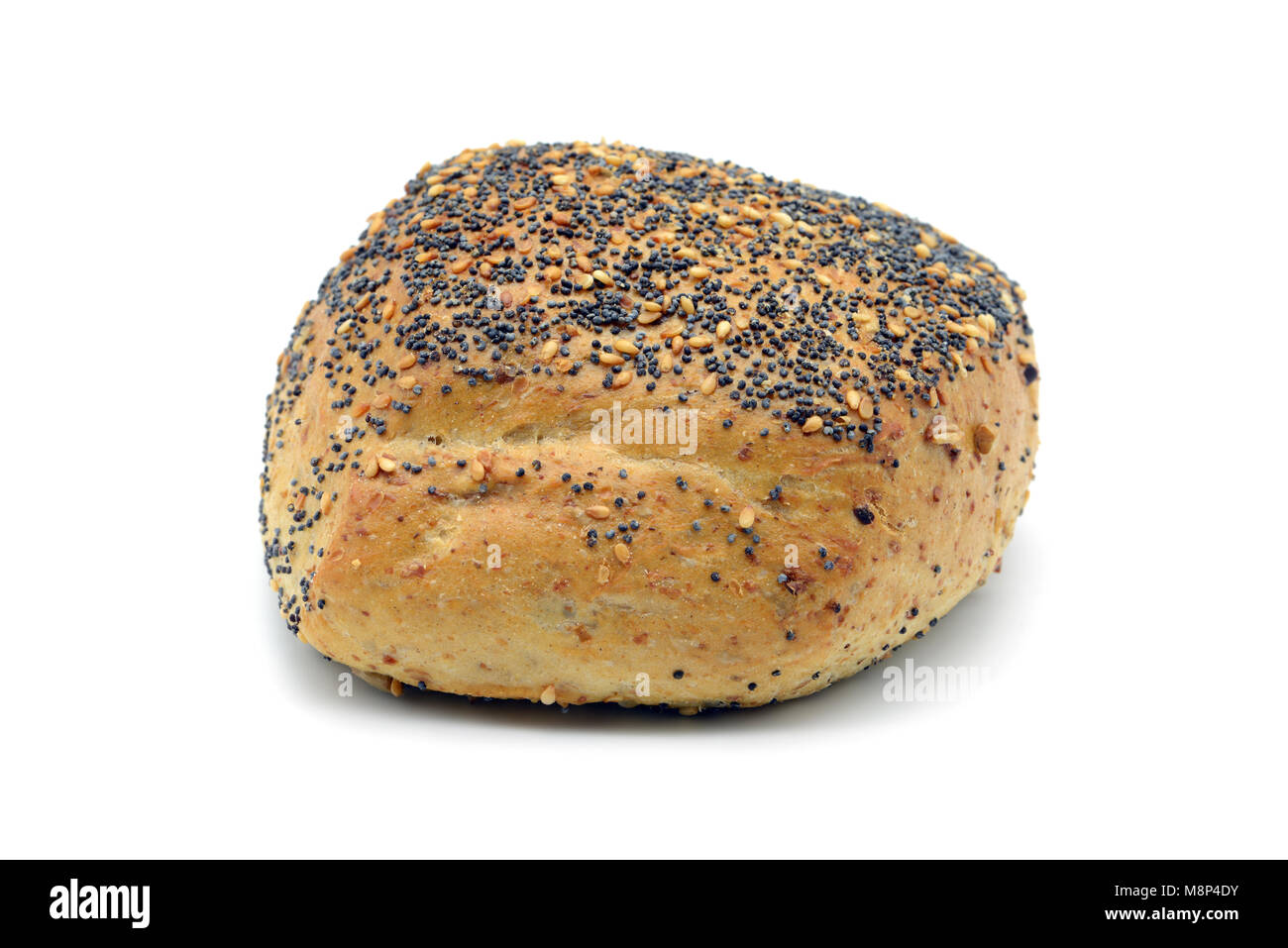 traditional german bread roll with poppy seeds and sesame corns on ...