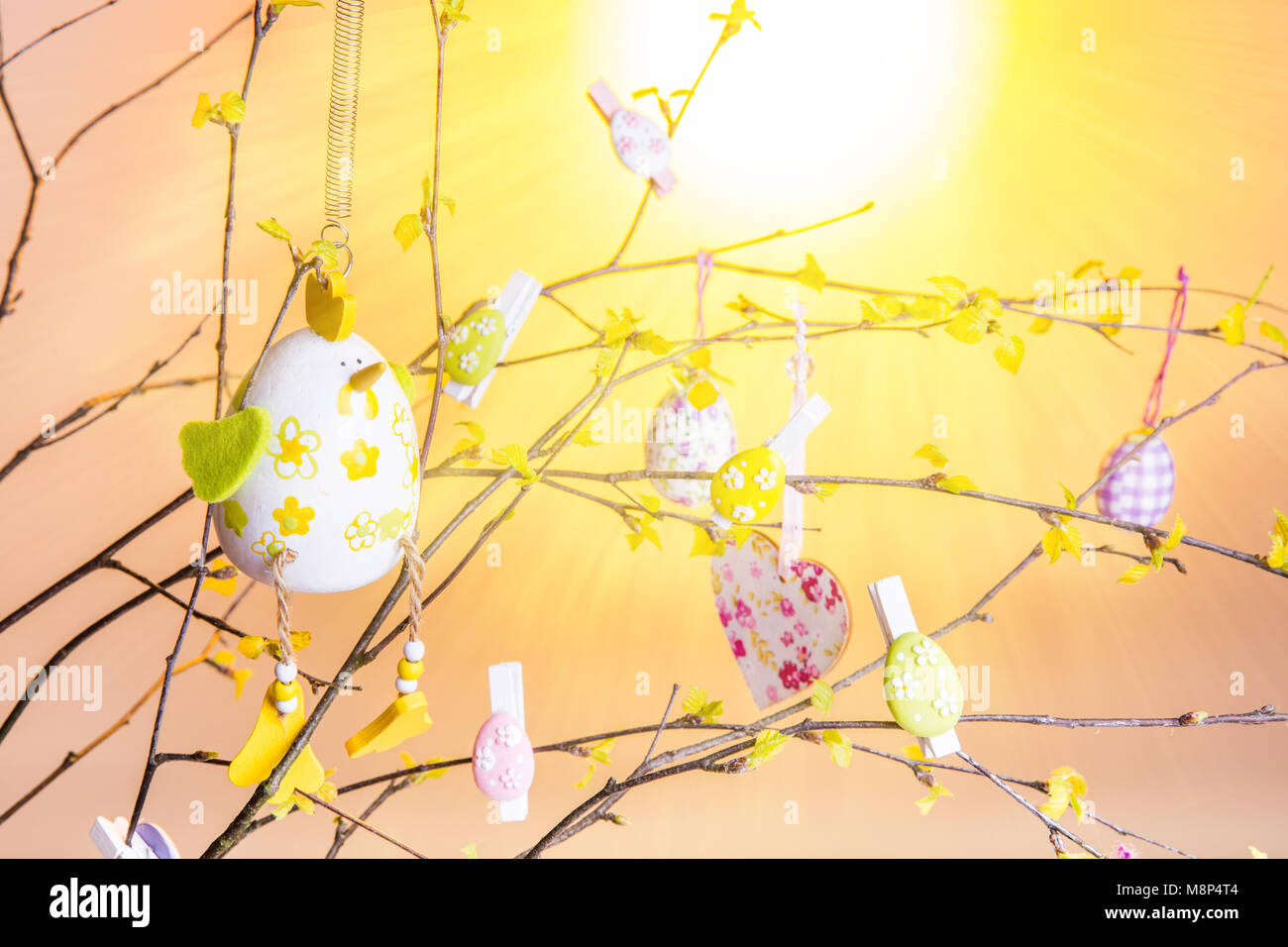 Composition of branches with young leaves and green buds, decorated for ...