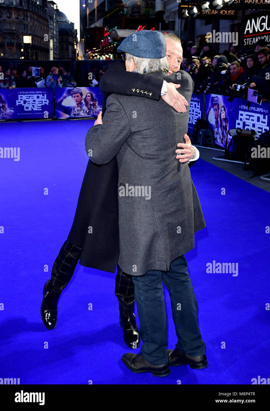 Simon Pegg and Steven Spielberg attending the European Premiere of ...
