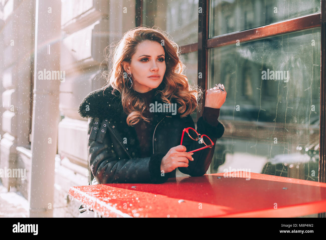 Sad Woman Waiting in Street Cafe. Girl Alone Stock Photo - Alamy