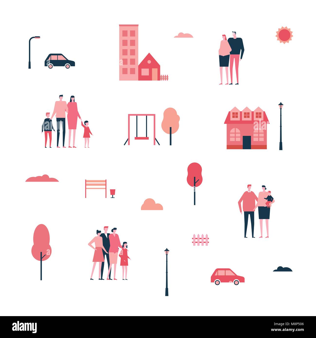 Family in the city - flat design style set of isolated elements Stock ...