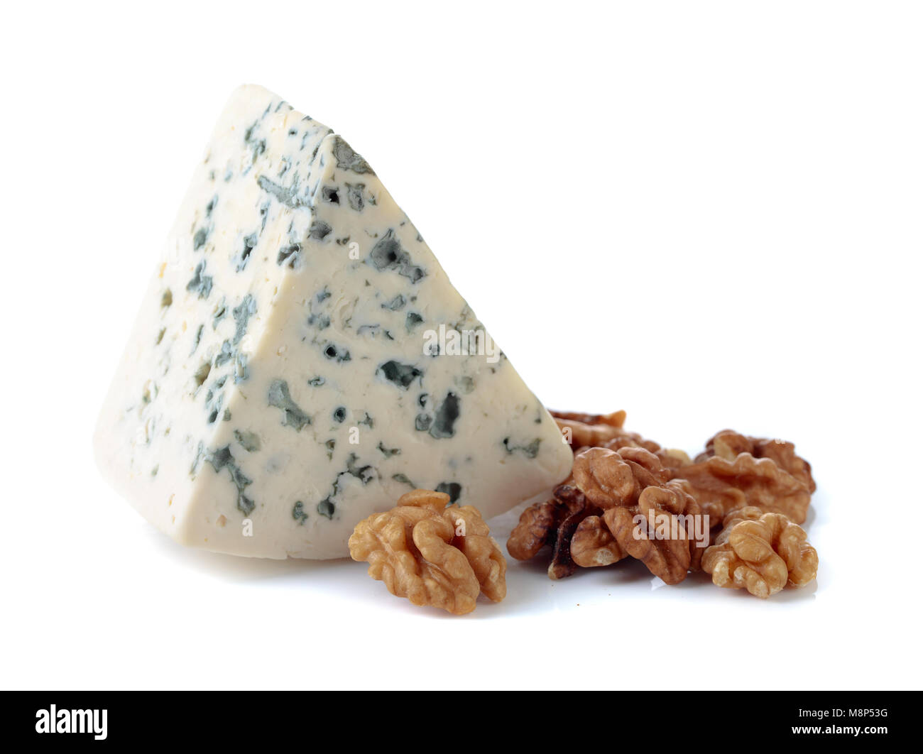 Wedge of soft blue cheese with walnuts isolated on white background ...