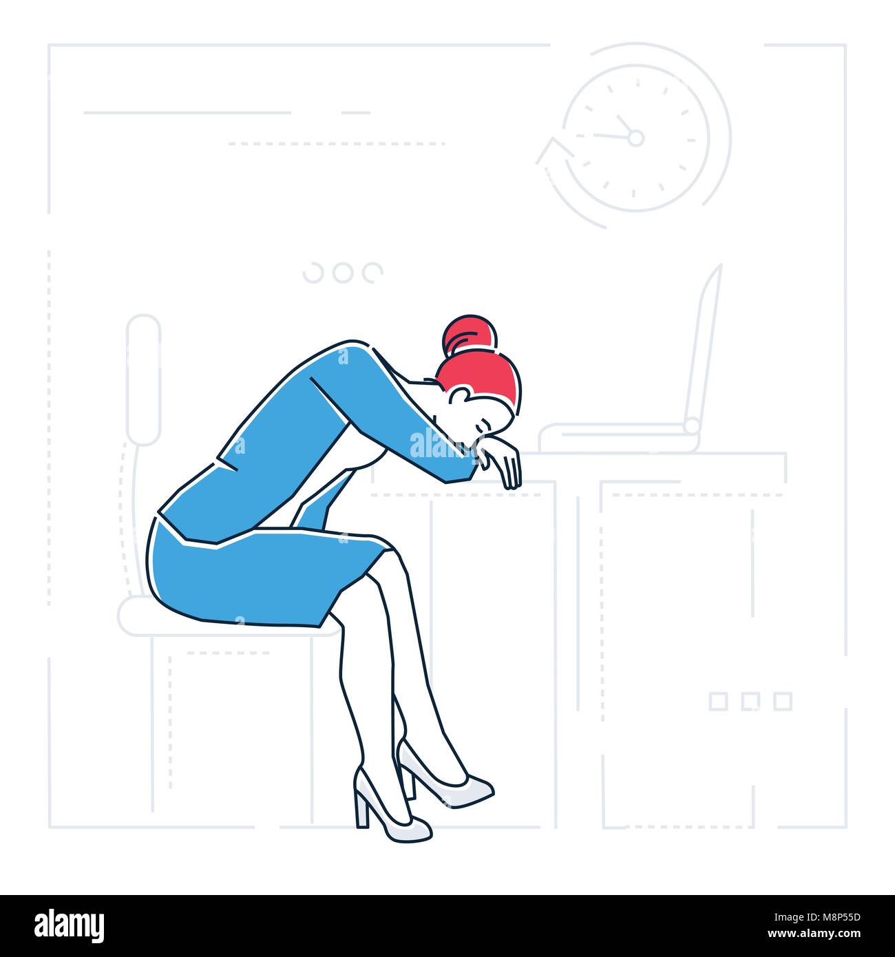 Tired businesswoman - line design style isolated illustration Stock ...